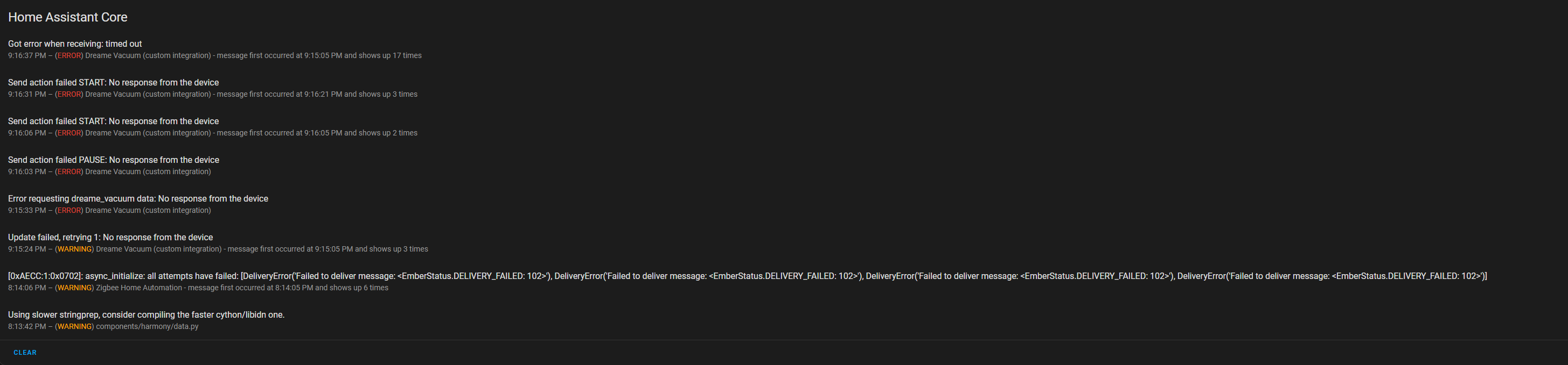 Dreame D9 max (dreame.vacuum.p2259) gives lots of warnings/errors, integration makes robot ...