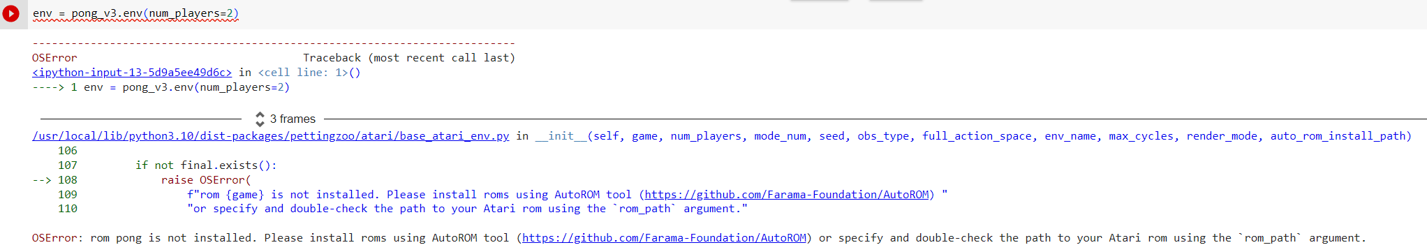 Error with the pettingzoo pong environment · Issue #47 · Farama-Foundation/AutoROM · GitHub