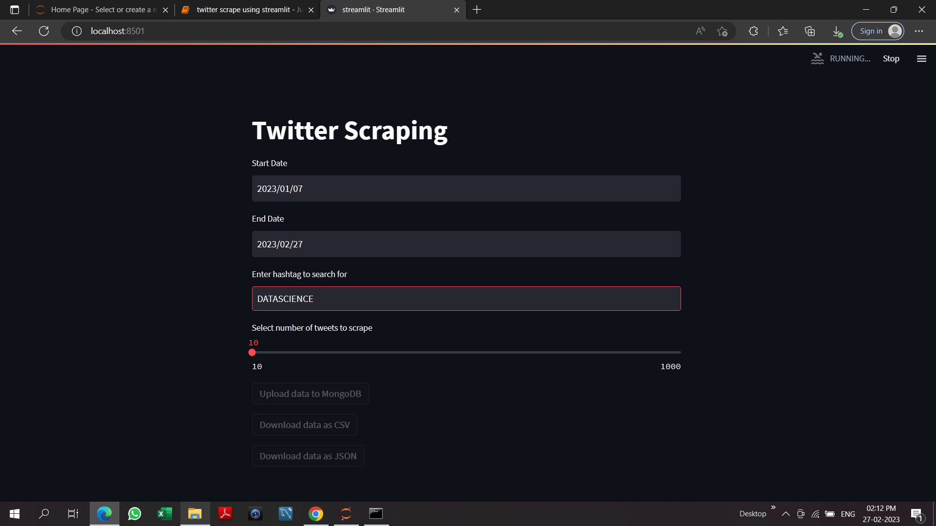 GitHub - Vijayv451/Twitter-scrape-using-streamlit: Scrapping the Twitter data using Twitter hashtag