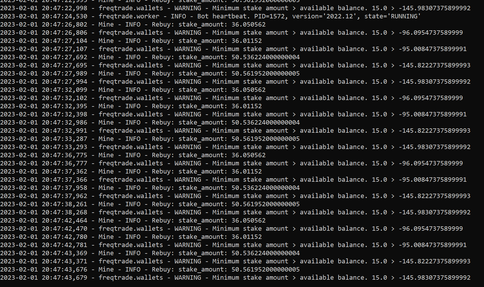 freqtrade.wallets - WARNING - Minimum stake amount > available balance. 15.0 > -145. ...