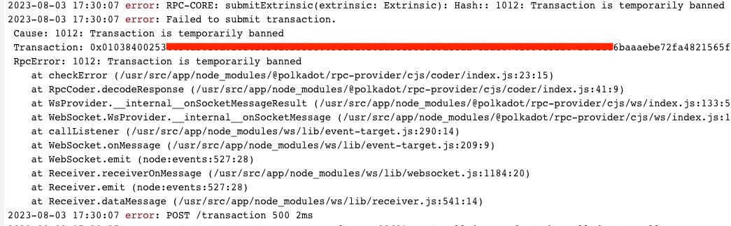 [BUG]: `/transaction` endpoint throws a `500` error when tx is temporarily banned · Issue #1311 ...