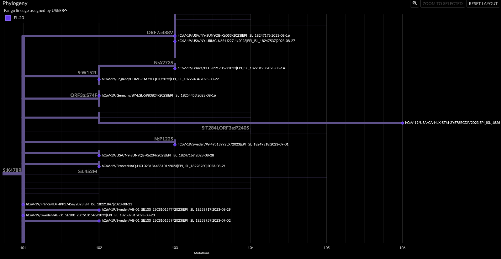 FL.20 (S:Q52H, S:F456L) with S:T478R (29 seqs, 8 countries), further ...