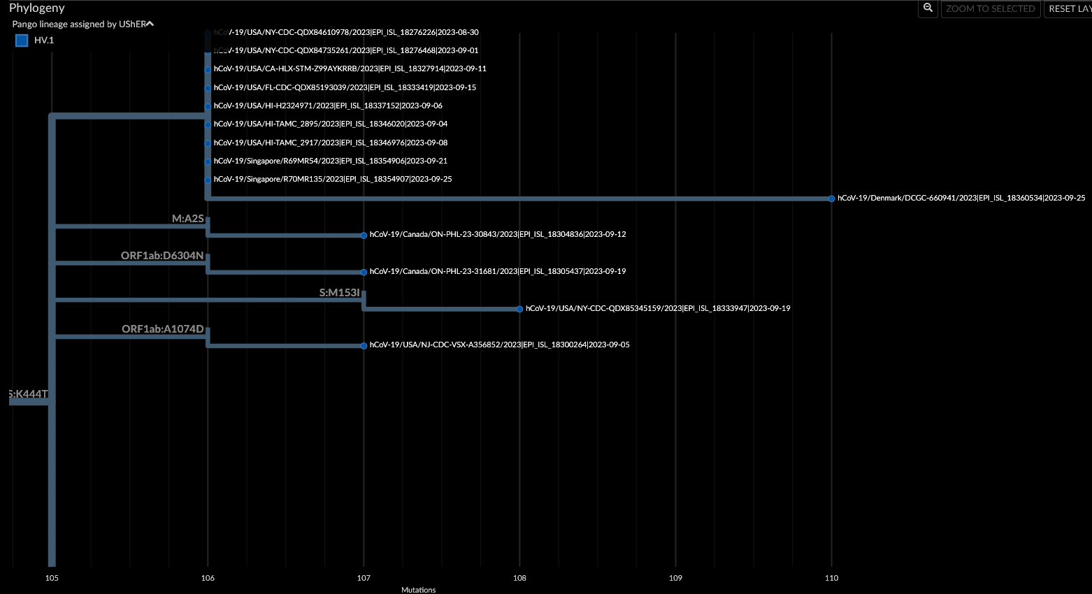 HV.1 + ORF1a:T4083M (issue #2228) with S:K444T (14 seqs, USA, Canada, Singapore, Denmark ...