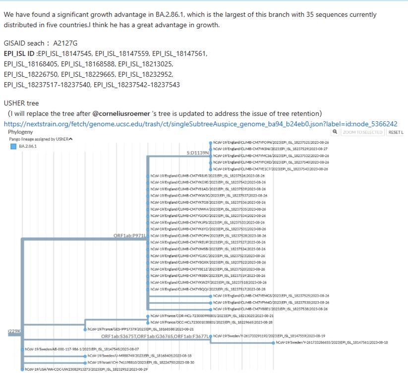 BA.2.86 Monitor:BA.2.86.1 with ORF1a:Y621C （A2127G）( 40 seqs） · Issue #2284 · cov-lineages/pango ...