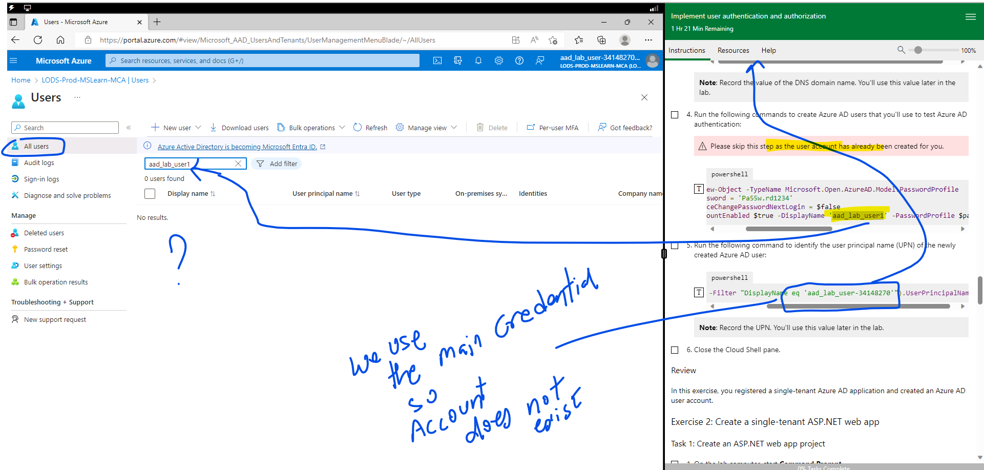 Lab 06: IN LOD - Issue with New User ( it doies not pre exist, neither we can create one ...