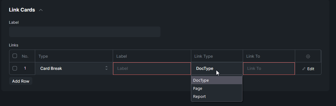[Workspace Doctype] Cannot create card break in `Link Cards` as there is no option in the child ...