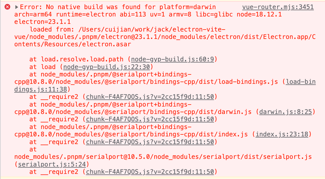 No native build was found for platform=darwin arch=arm64 runtime=electron abi=113 uv=1 armv=8 ...