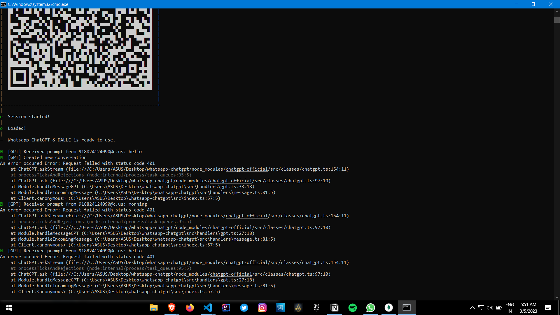 Error Code 401 · Issue 124 · Askrellawhatsapp Chatgpt · Github