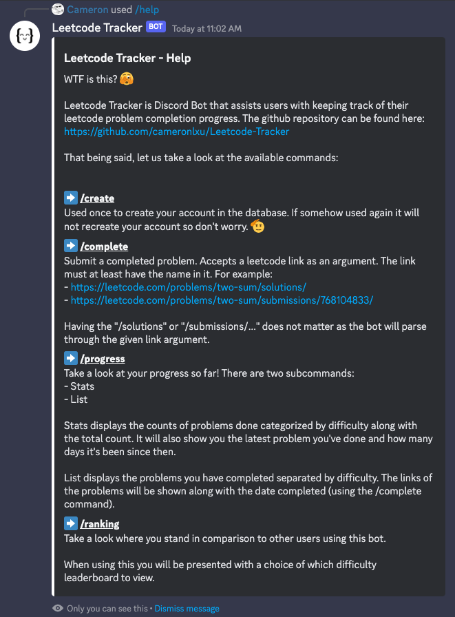 GitHub - cameronlxu/Leetcode-Tracker: A discord bot to keep track of ... GitHub - cameronlxu/Leetcode-Tracker: A discord bot to keep track of ...