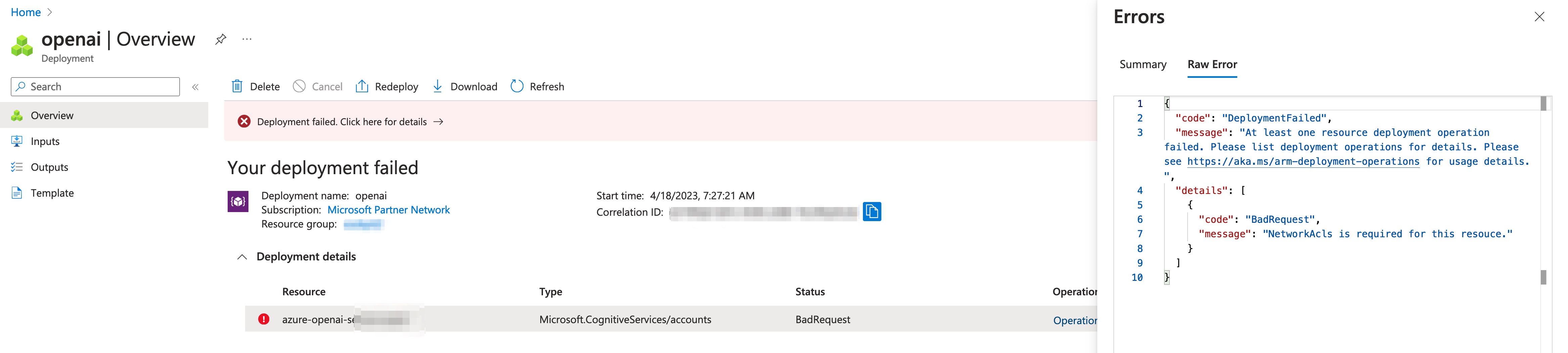 DeploymentFailed: BadRequest: NetworkAcls is required for this resouce ... DeploymentFailed: BadRequest: NetworkAcls is required for this resouce ...