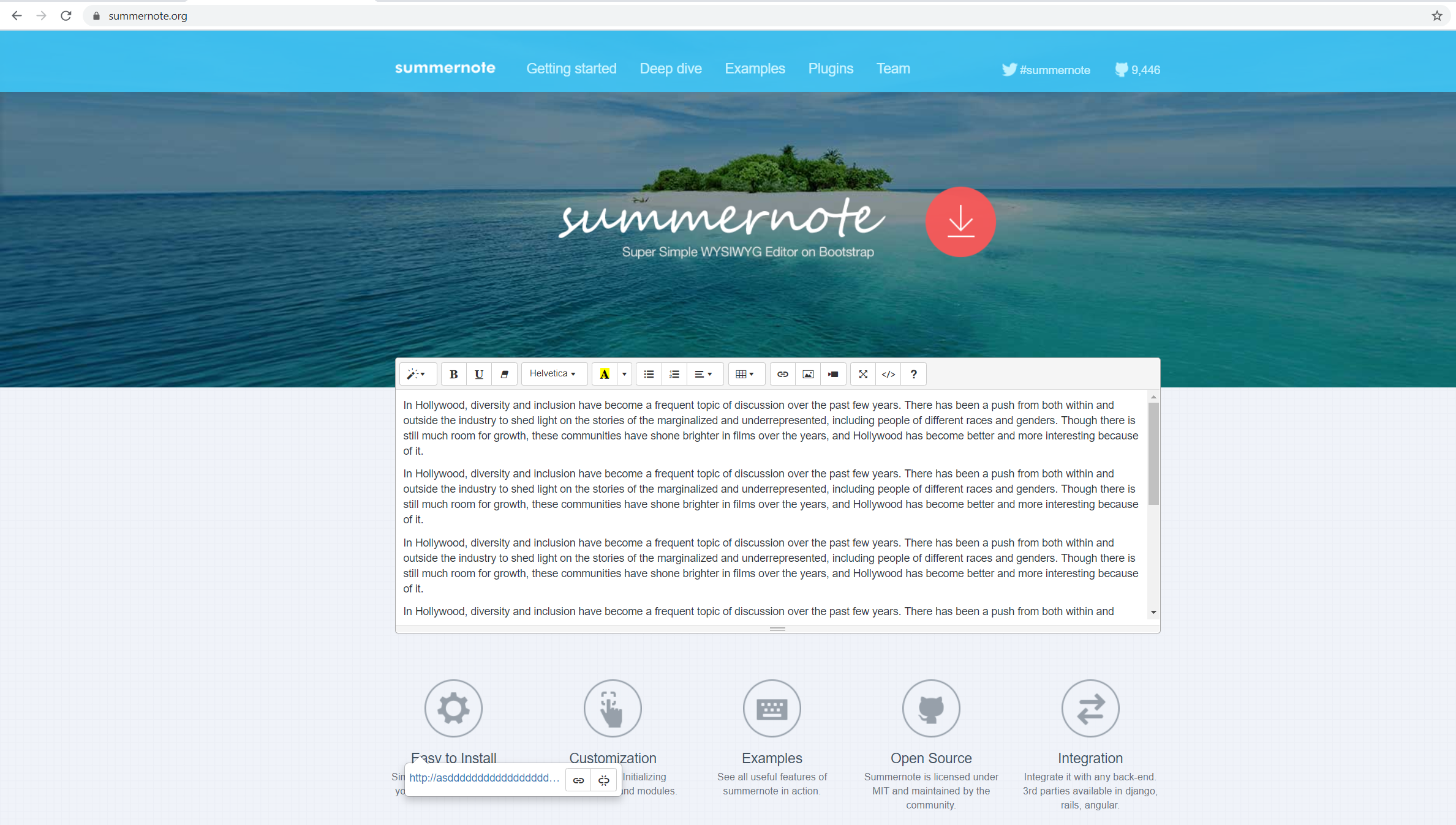 Add link at the end of summernote will show a modal outside textarea when we scroll · Issue ...