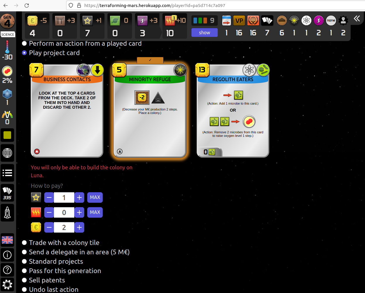MINORITY REFUGE production error · Issue #5420 · terraforming-mars/terraforming-mars · GitHub