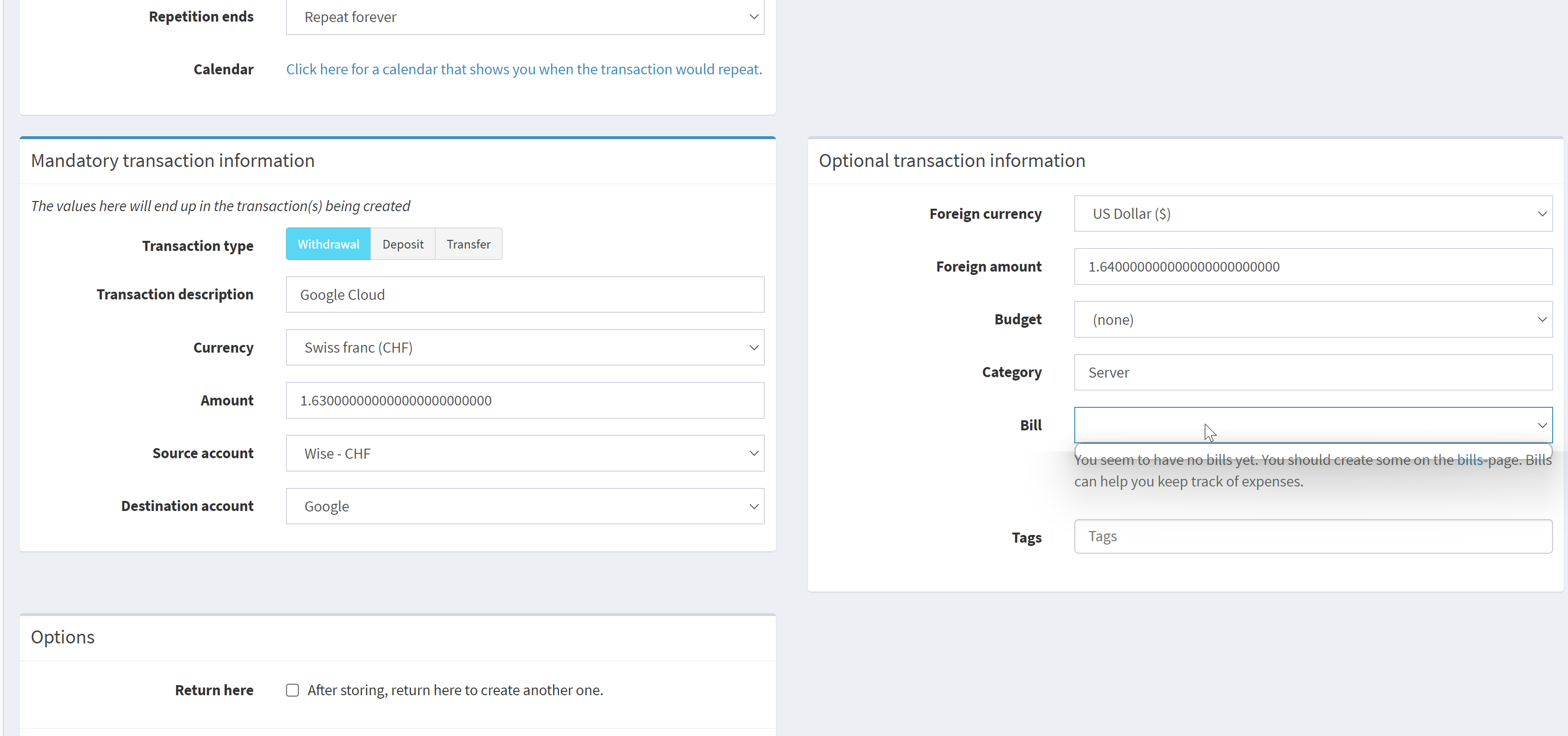 Invoice field empty when create recurring transaction from transaction ...