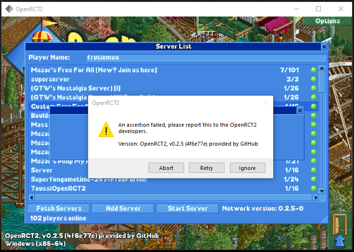 Crash when joining Mozar's Free For All server · Issue #11313 · OpenRCT2/OpenRCT2 · GitHub