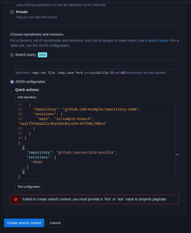 Search contexts: creating a JSON-based context fails · Issue #49978 · sourcegraph/sourcegraph ...