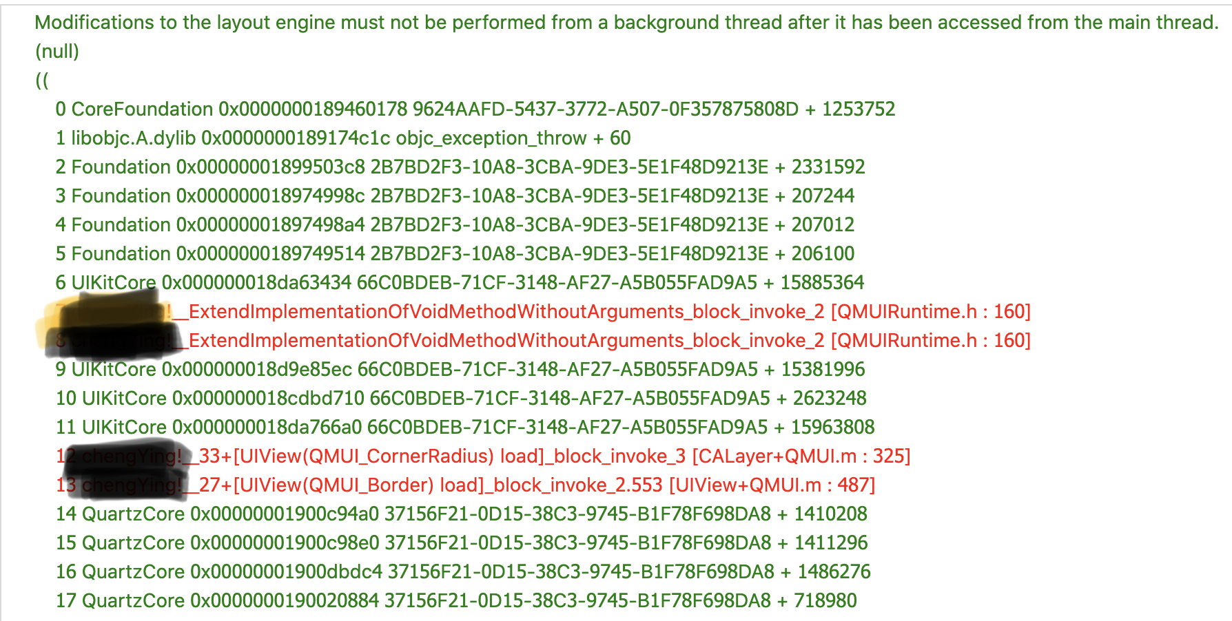 出现了子线程调用UI的问题，看上去是在QMUI_Border分类的Load方法里开始的 · Issue #993 · Tencent/QMUI_iOS · GitHub