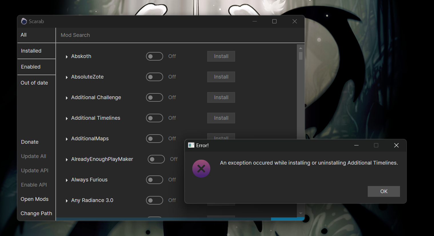 An exception occurs when trying to install any mod. · Issue #171 · fifty-six/Scarab · GitHub