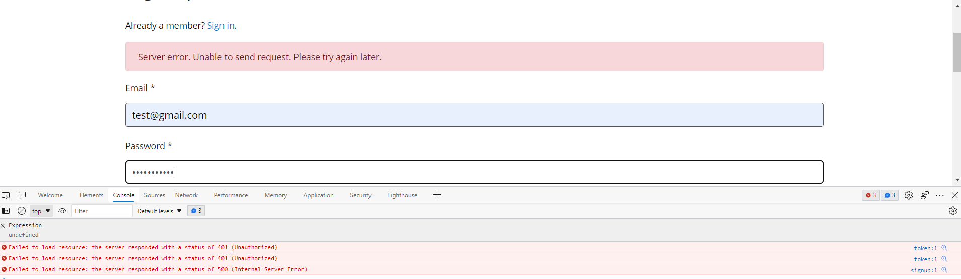 Please ensure that Authorization header contains valid token - SignUp ...