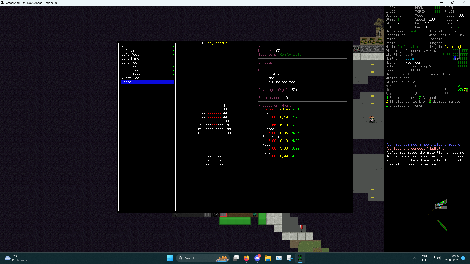 body status screen shows 0 encumberance on all body parts, as well as 0 ...