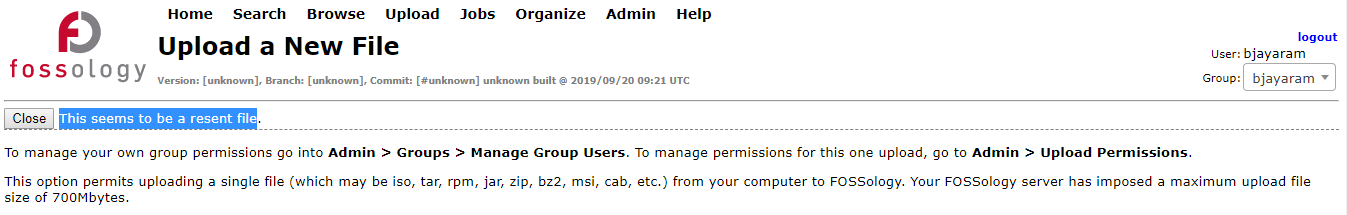 File upload fails with "This seems to be a resent file" · Issue #1503 · fossology/fossology · GitHub