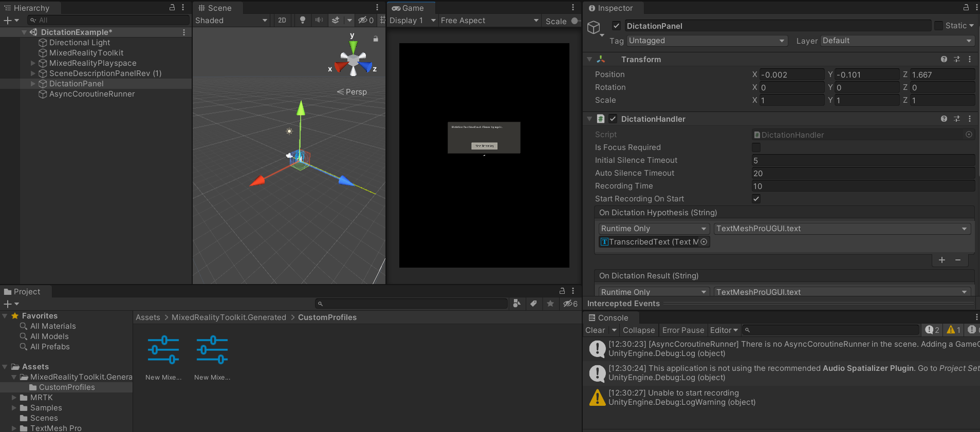 Dictation Example: Dictation Recognizer Fails to Start. Microphone, InternetClient, and ...