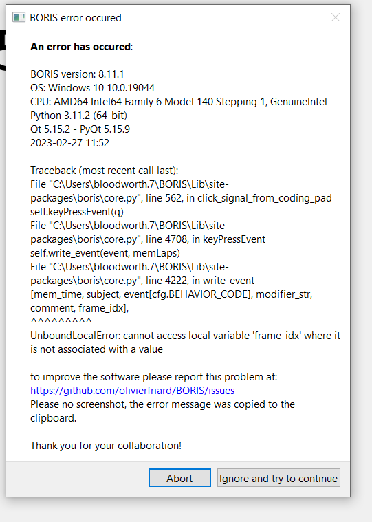 BORIS Error Occurred after update when using coding pad · Issue #582 · olivierfriard/BORIS · GitHub