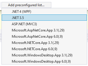 Preview .NET runtimes do not appear in the "Add preconfigured list…" button · Issue #2783 ...