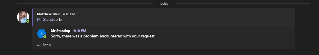Using TeamEchoBot template + Outgoing Webhook - Bot replies "Sorry, there was a problem ...