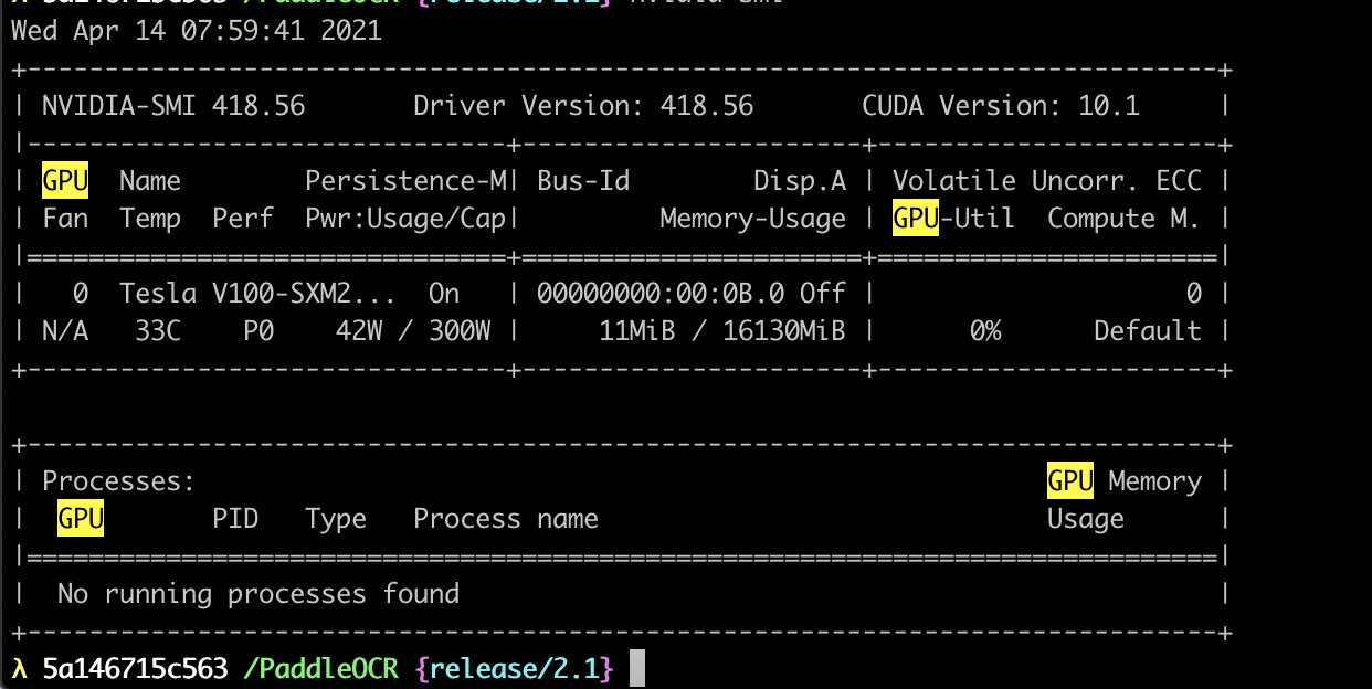 docker 镜像启动之后无法使用gpu，占用显存11M · Issue #2502 · PaddlePaddle/PaddleOCR · GitHub