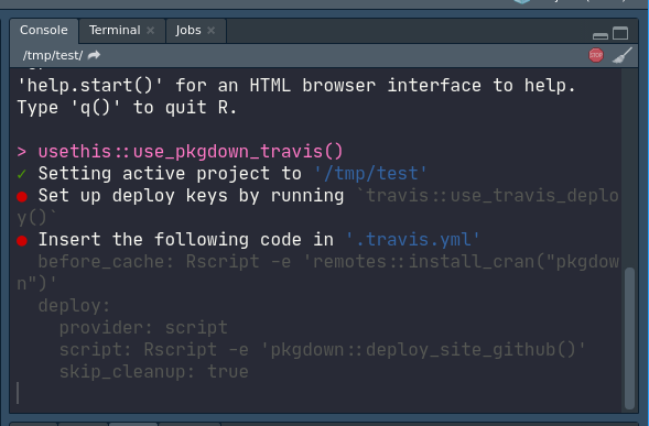 Running usethis::use_pkgdown_travis() hangs · Issue #7924 · rstudio/rstudio · GitHub