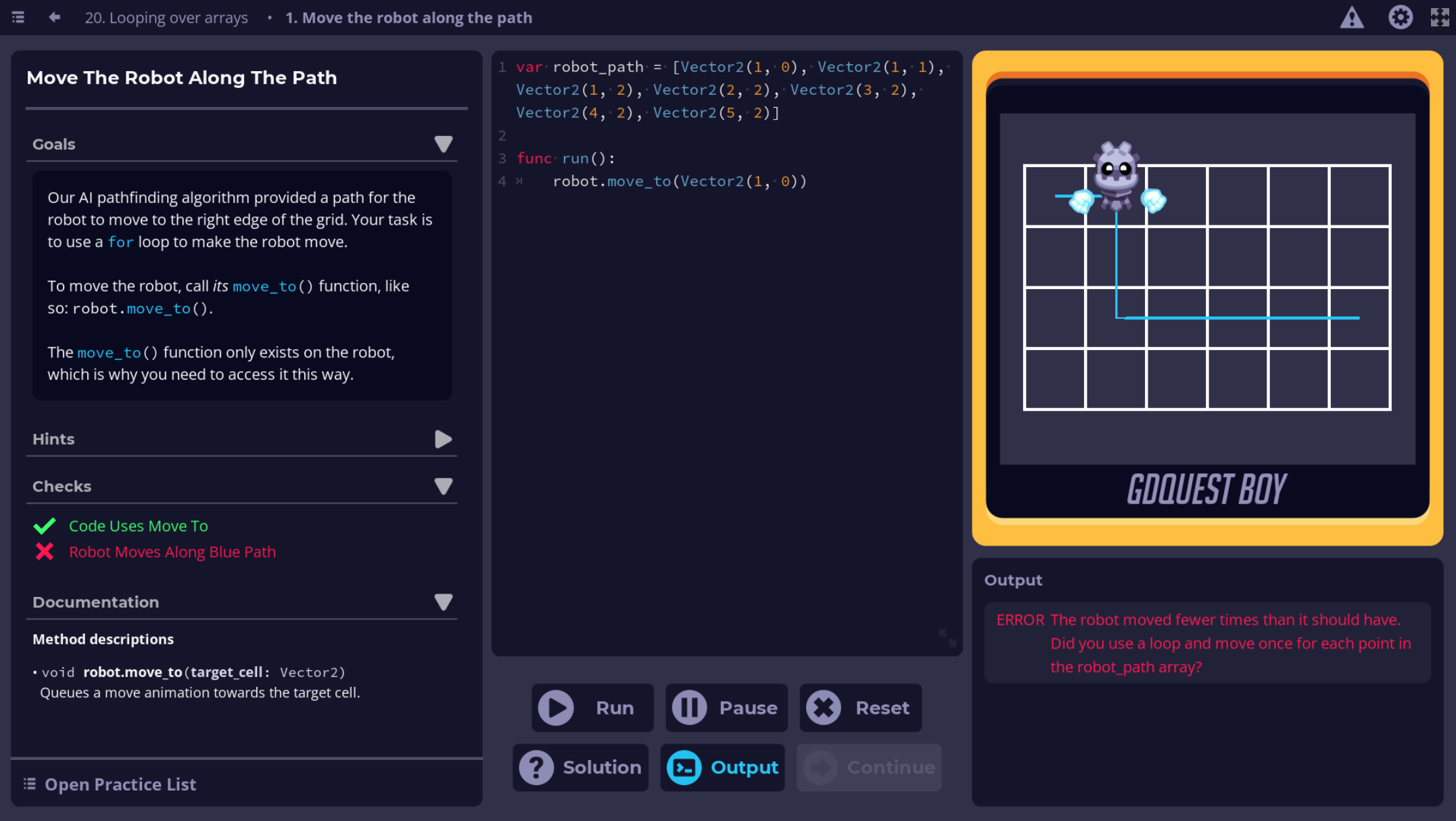 20. Looping over arrays - Move Robot Along Path practice false checks · Issue #718 · GDQuest ...
