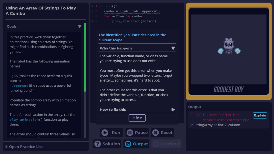 21. Strings - Using an array to play a combo · Issue #745 · GDQuest/learn-gdscript · GitHub