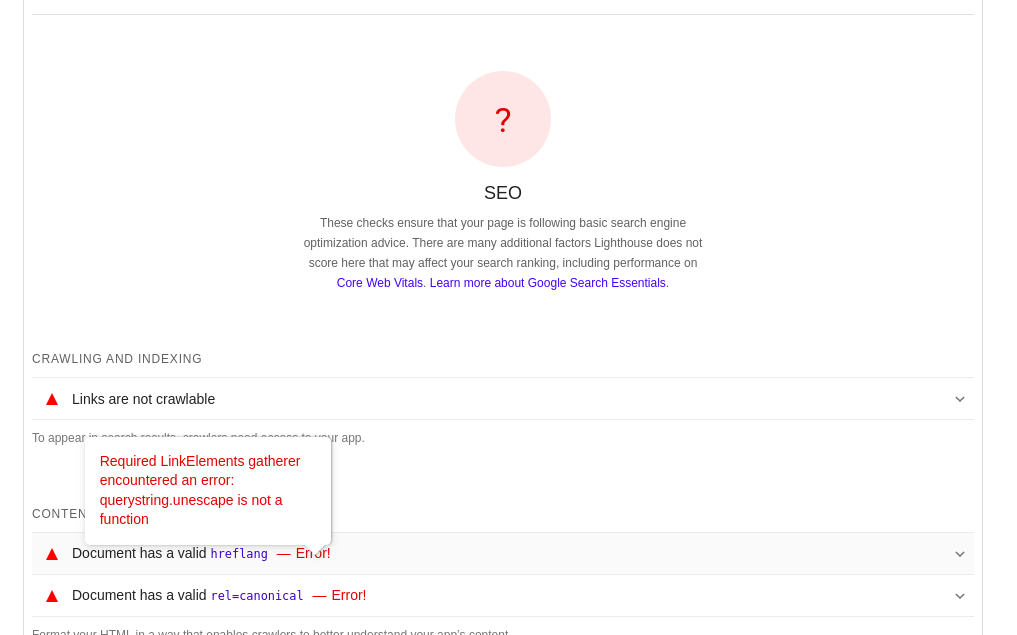 SEO audit error with unescaped query params on browser version and on https://pagespeed.web.dev ...