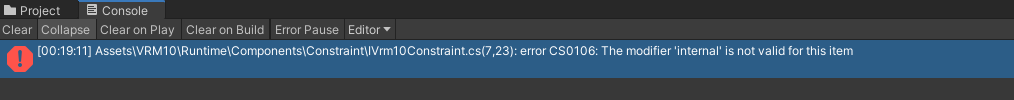 Assets\VRM10\Runtime\Components\Constraint\IVrm10Constraint.cs(7,23): error CS0106: The modifier ...