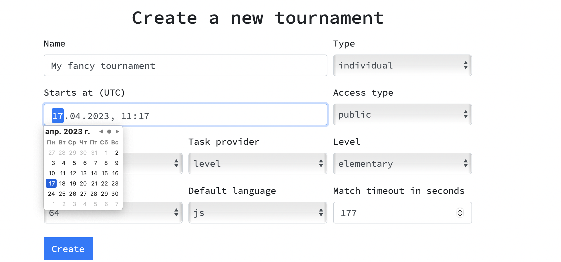 Bug: В форме создания турнира календарь на русском языке · Issue #1392 · hexlet-codebattle ...