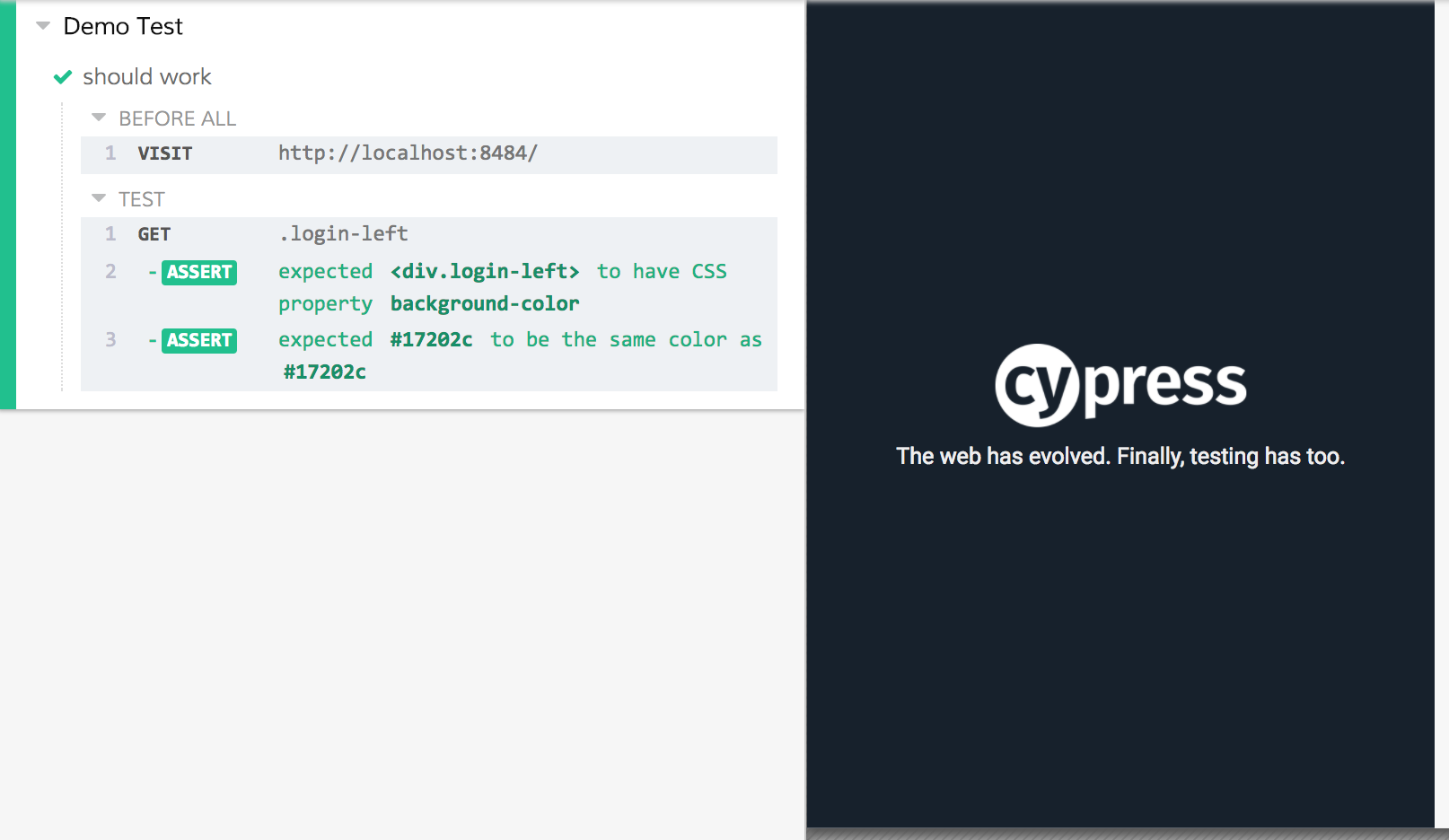 should('be.colored', '#123123') throws error "CypressError: Timed out retrying: actual.equals is ...