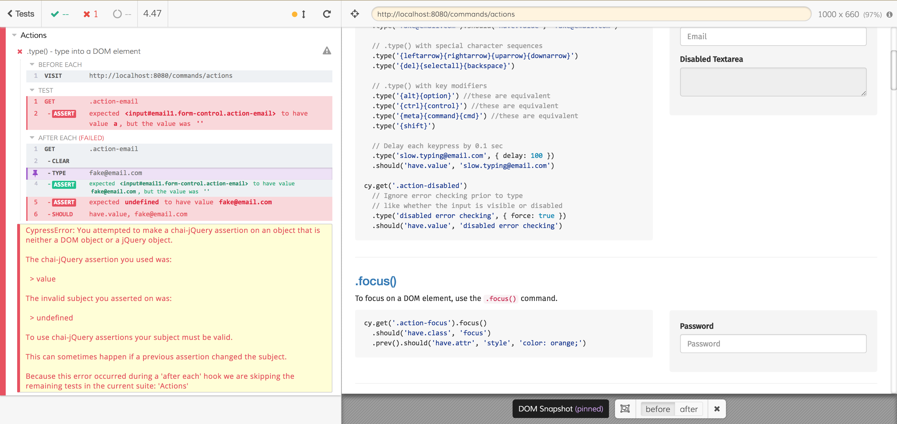 Failure in test causing actions (.type(), .click()) in afterEach to not ...