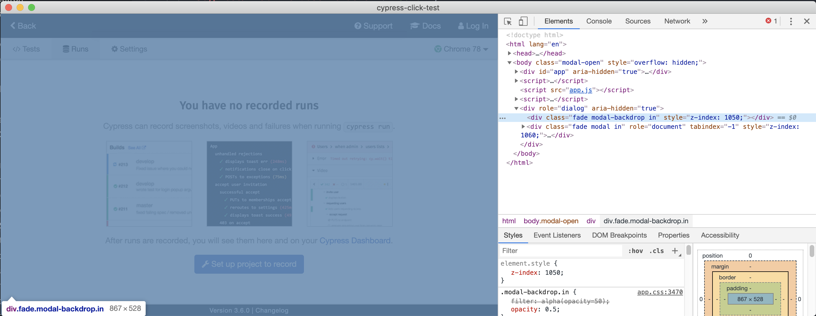 Clicking on "set up project to record" then closing "log in" modal ...