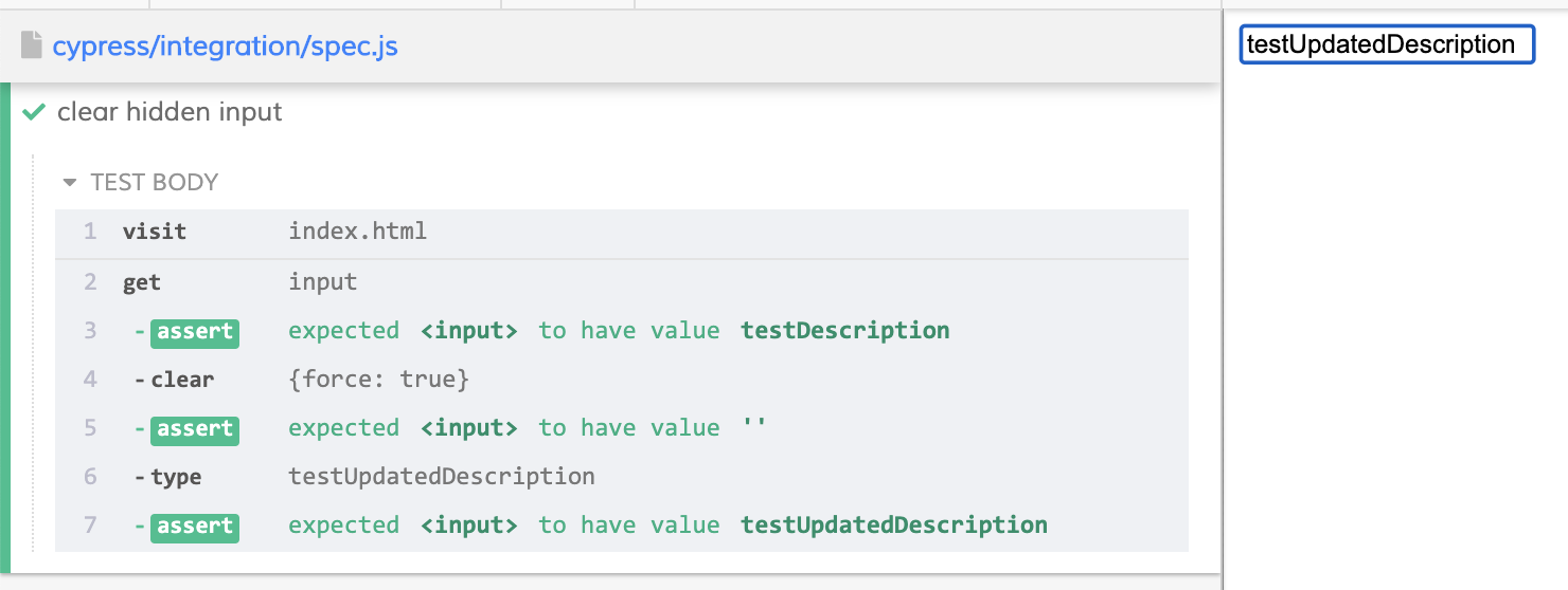 cy.clear({ force: true }) only deletes first character of hidden input ...