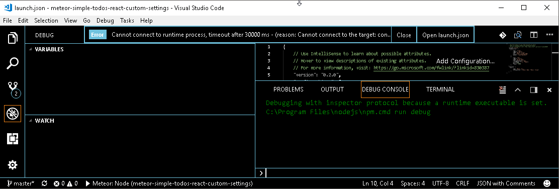 Debugging the Meteor API Node process not working · Issue #70 · microsoft/vscode-recipes · GitHub