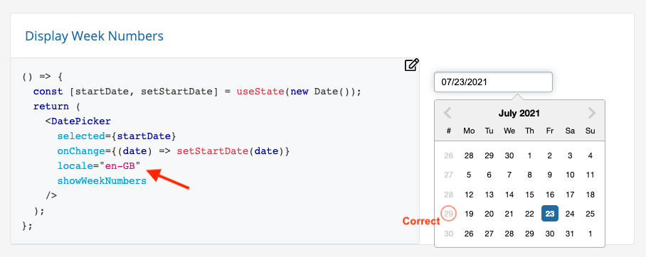 Week numbers not applied correctly · Issue #2572 · Hacker0x01/react-datepicker · GitHub