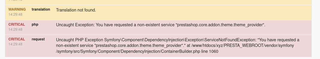 Uncaught Exception: You have requested a non-existent service "prestashop.core.addon.theme.theme ...