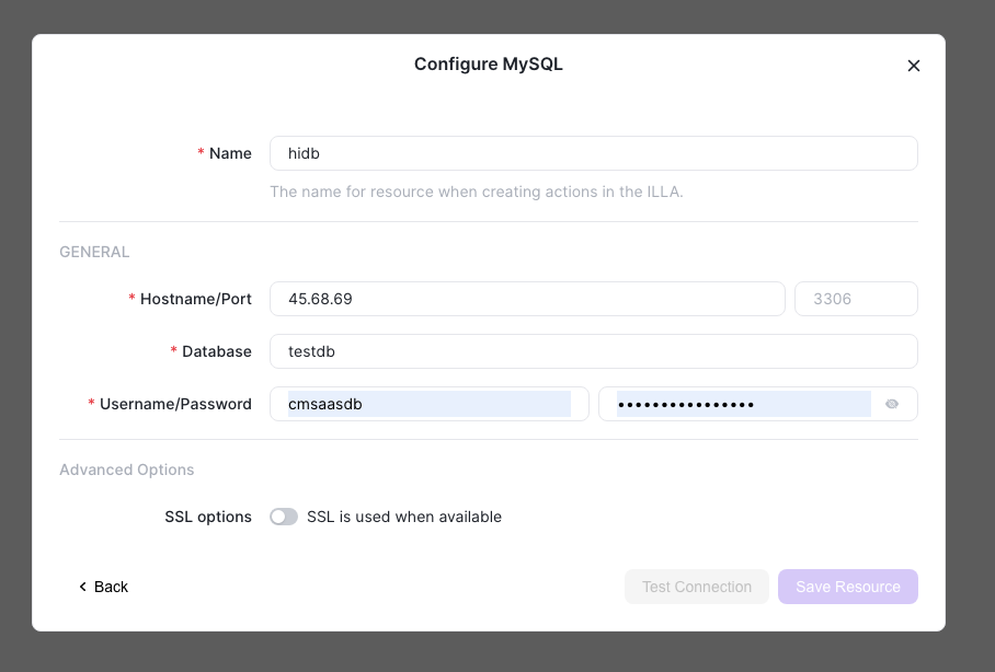 为什么资源输入完mysql之类的连接参数之后，下面的按钮还是灰色的呢？无法点击 · Issue #1127 · illacloud/illa-builder · GitHub