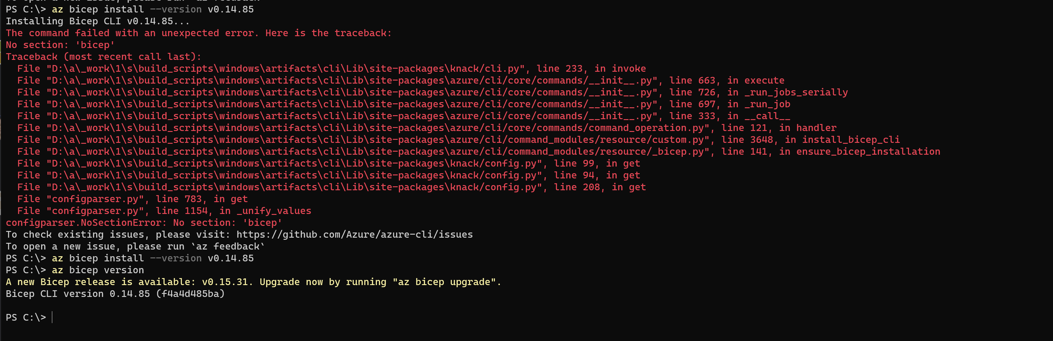 Trying to upgrade to v0.15.31 with az bicep upgrade, the command fails with an unexpected error ...