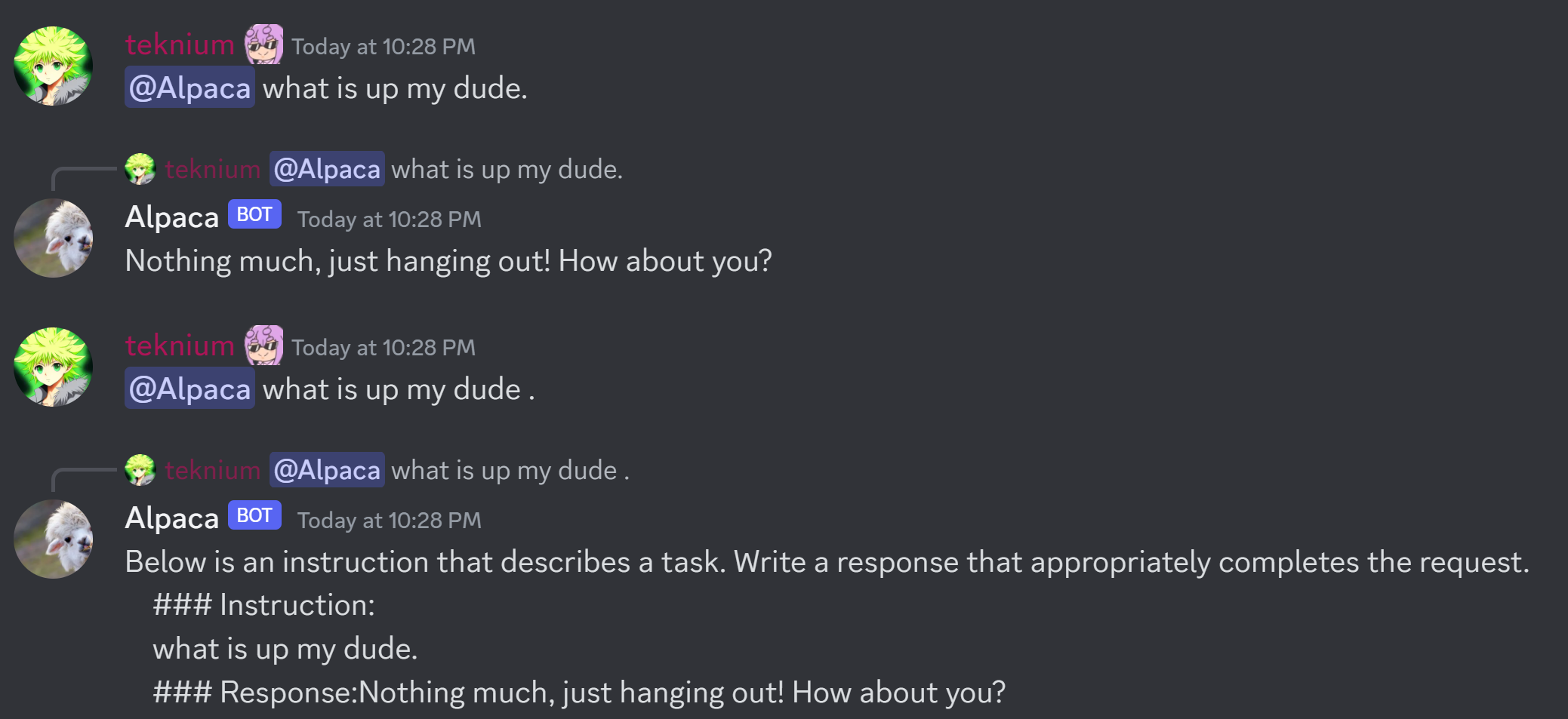 Outputs sometimes include the entire preprompt and response · Issue #1 · teknium1/alpaca-discord ...