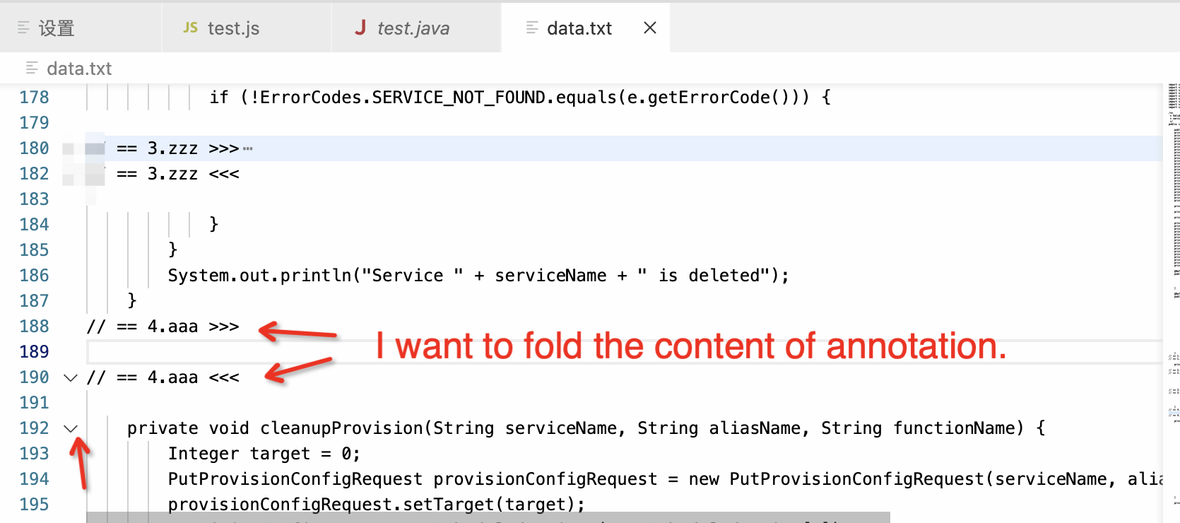 I want to fold the content of the annotation in VSCode Editor. how to ...