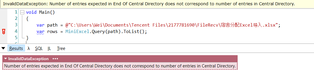Custom excel zip can't read and show `Number of entries expected in End Of Central Directory ...