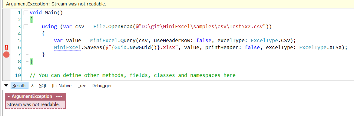 Csv Query then SaveAs will throw "Stream was not readable." exception · Issue #293 · mini ...