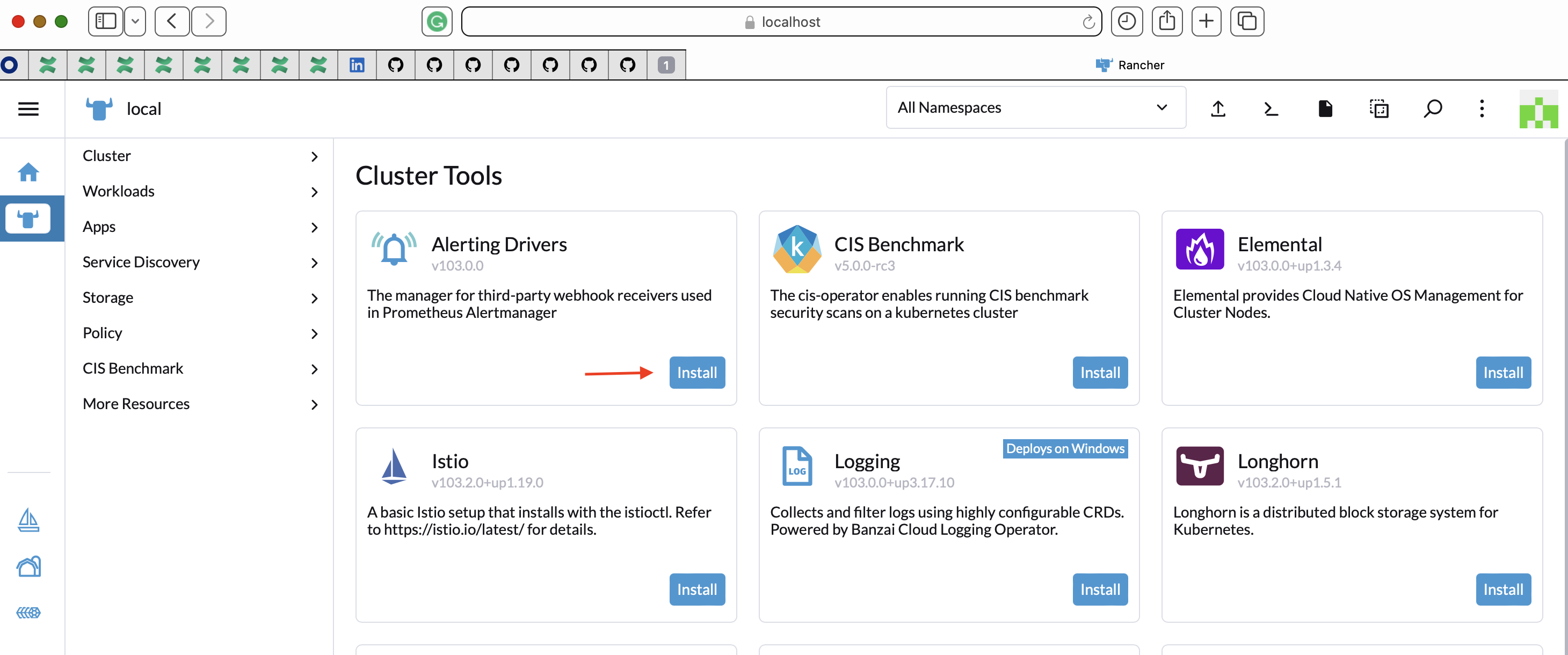 Cluster Tools: 'Install' button displays after installing chart when running Rancher locally ...