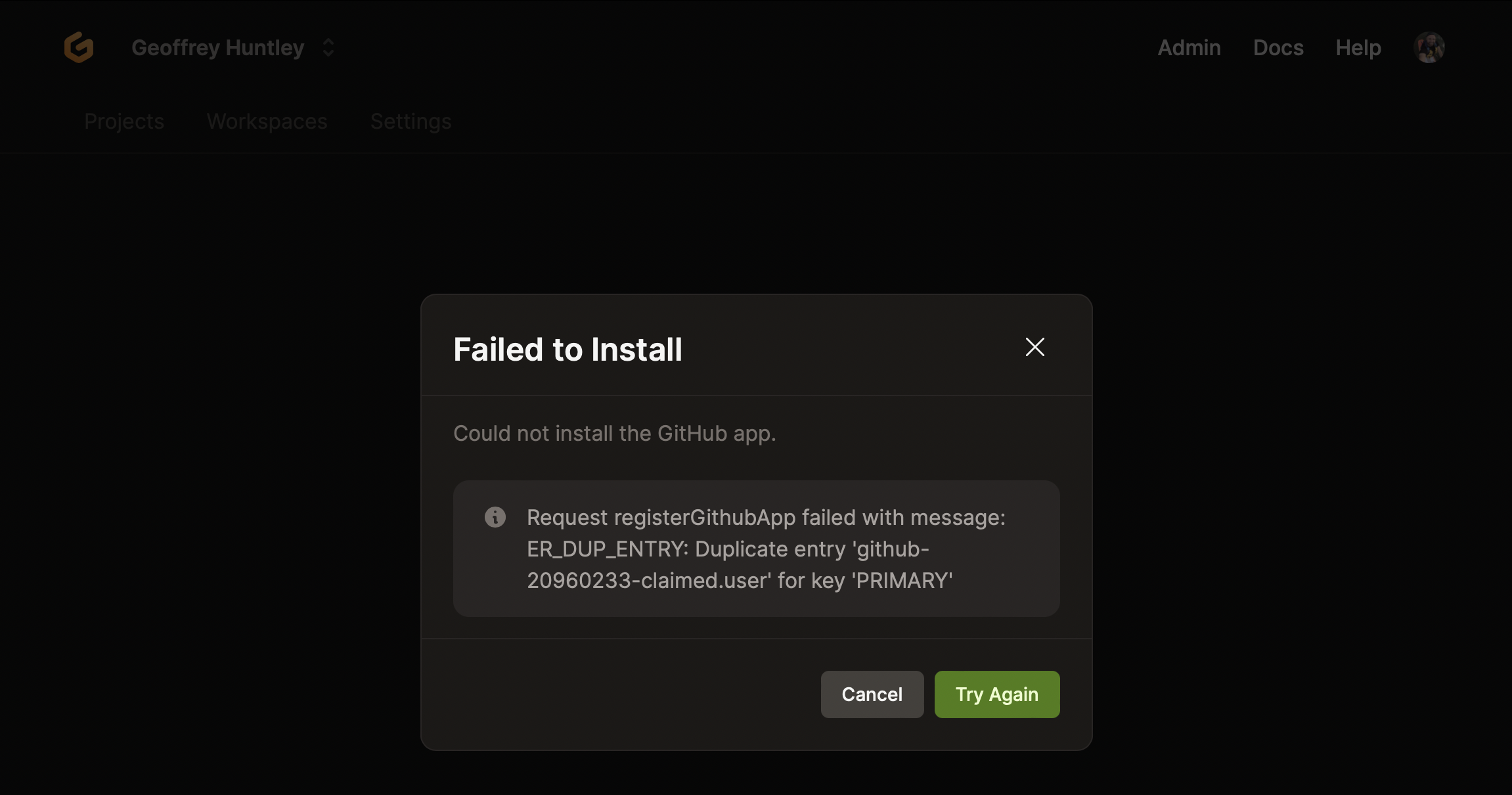Request registerGithubApp failed with message: ER_DUP_ENTRY: Duplicate entry 'github-20960233 ...
